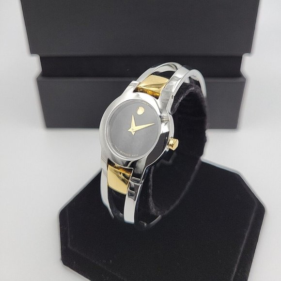 Movado | Accessories | Movado Womens Black Dial Gold Two Tone Band ...